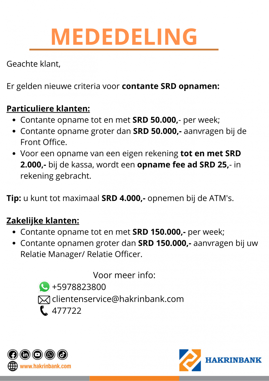 MEDEDELING | Hakrinbank NV