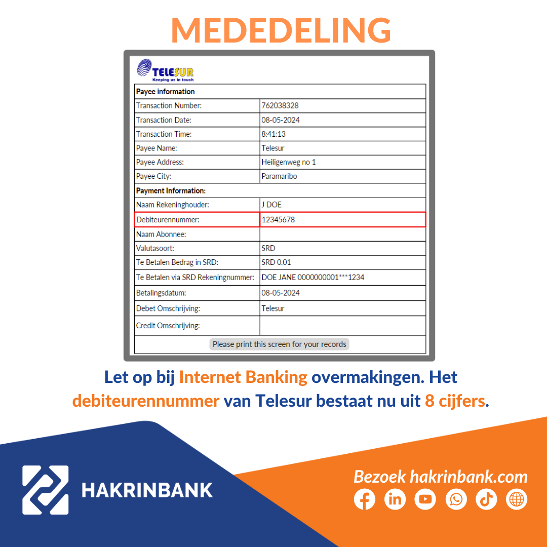 Mededeling Internet Banking | Hakrinbank NV